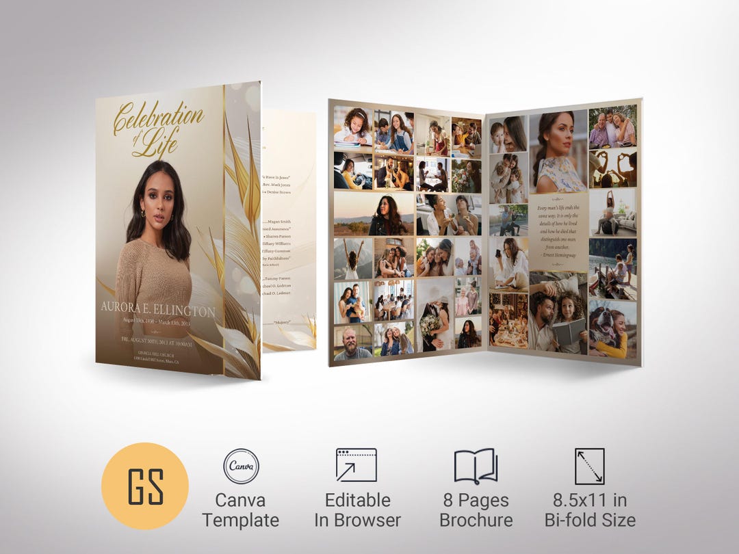 Beige Funeral Program Template for Canva, 8-page, Paradise Beige & Gold ...