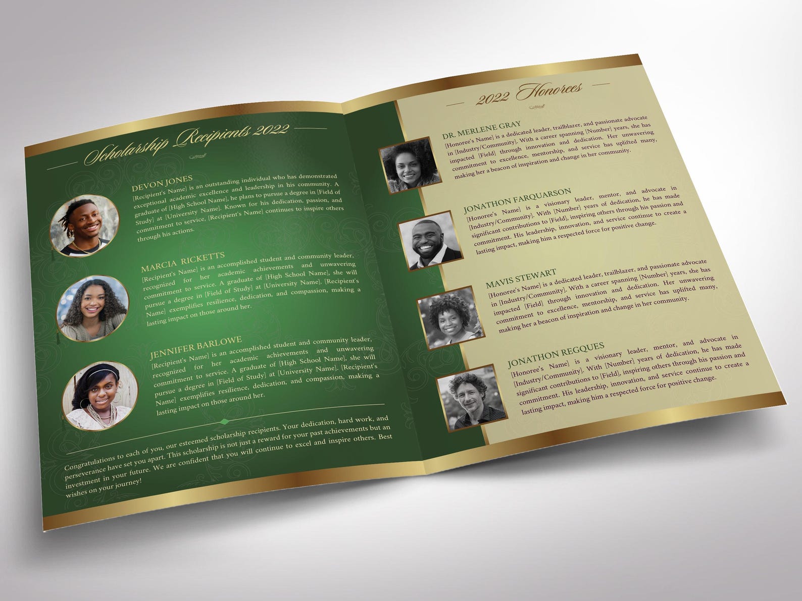 Green & Gold Anniversary Gala Program Template | Canva: 8-page Bifold ...