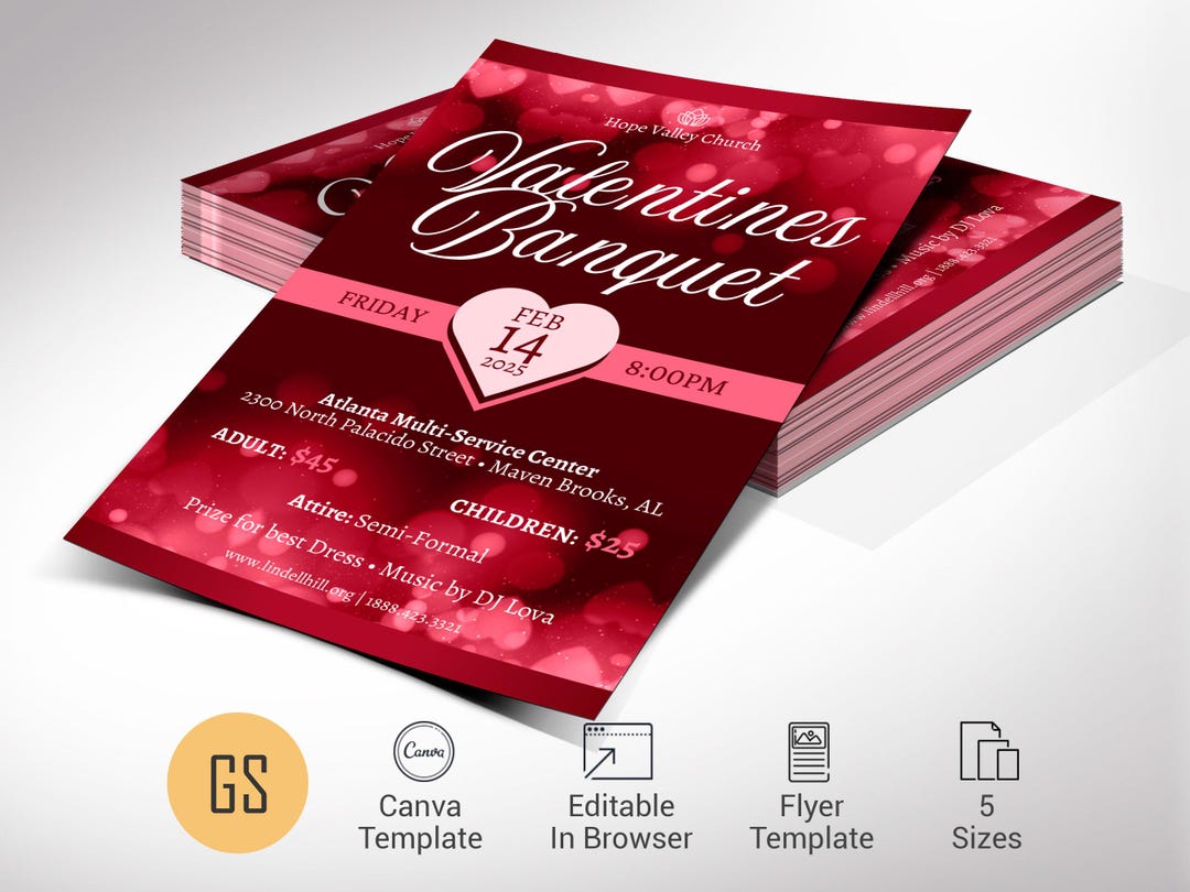 Valentines Day Gala Flyer Template for Canva, Red Pink Hearts ...