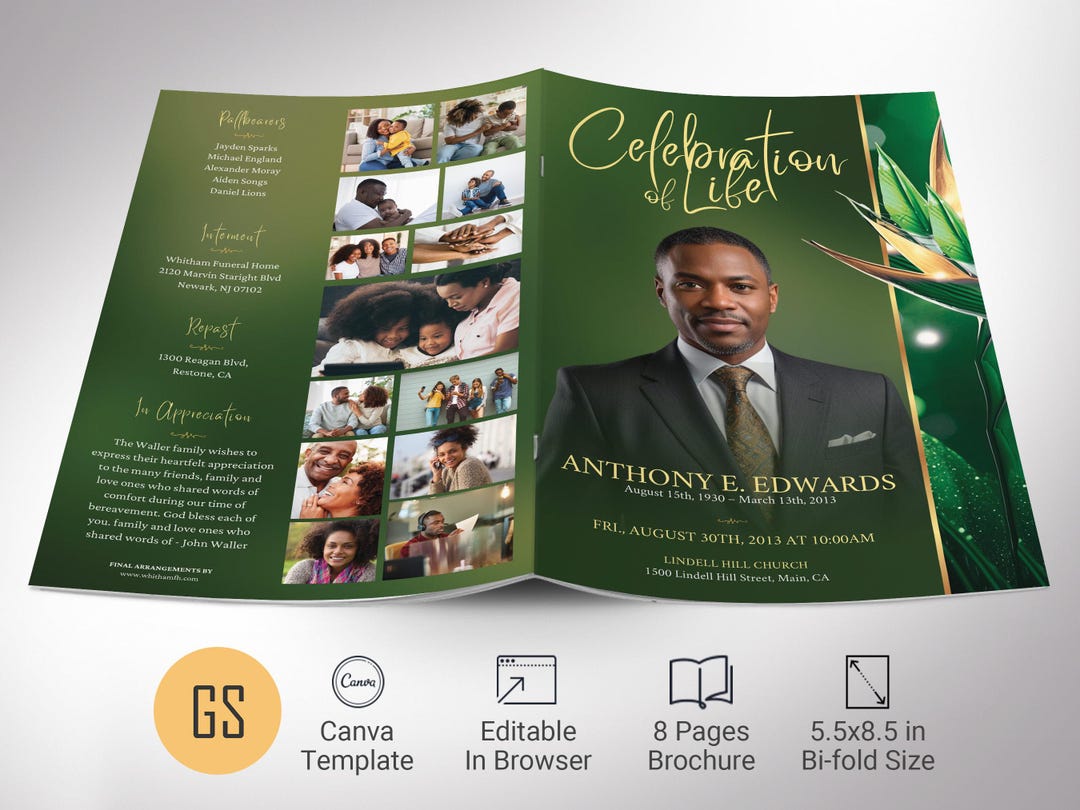 Green Funeral Program Template for Canva, 8-page, Paradise Green & Gold ...