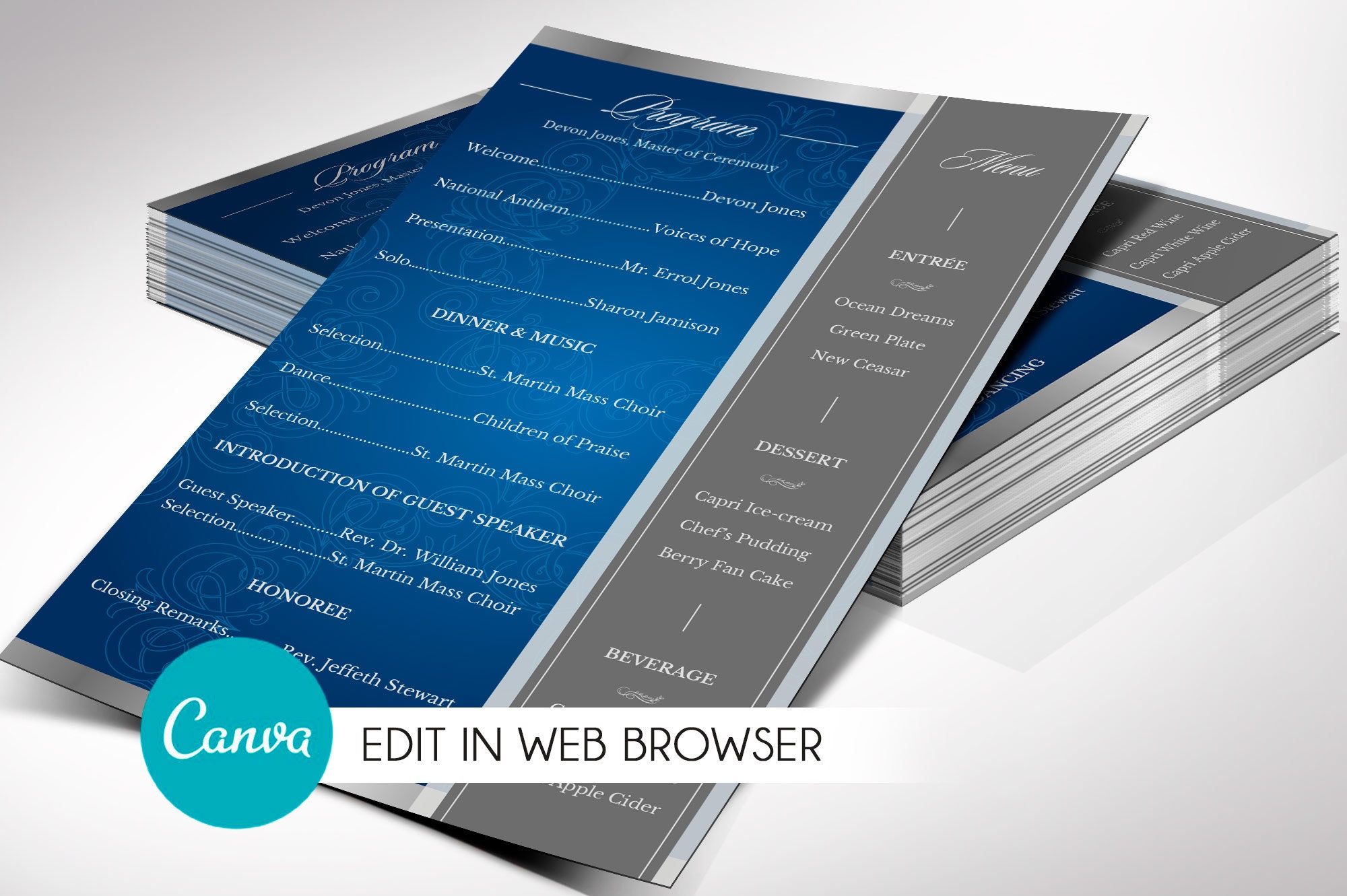 Blue Silver Anniversary Gala Program Template for Canva One - Etsy