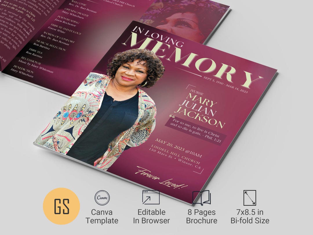 Maroon Funeral Program Template: Magazine Style Obituary (canva, 7x8.5 ...