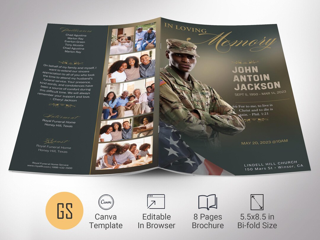 Classic Army Funeral Program Template, Canva, Green Gold, Small ...