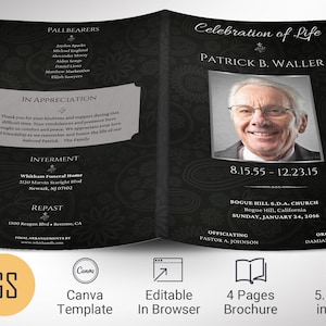 Black Silver Funeral Program Template for Canva V2, Editable Digital ...