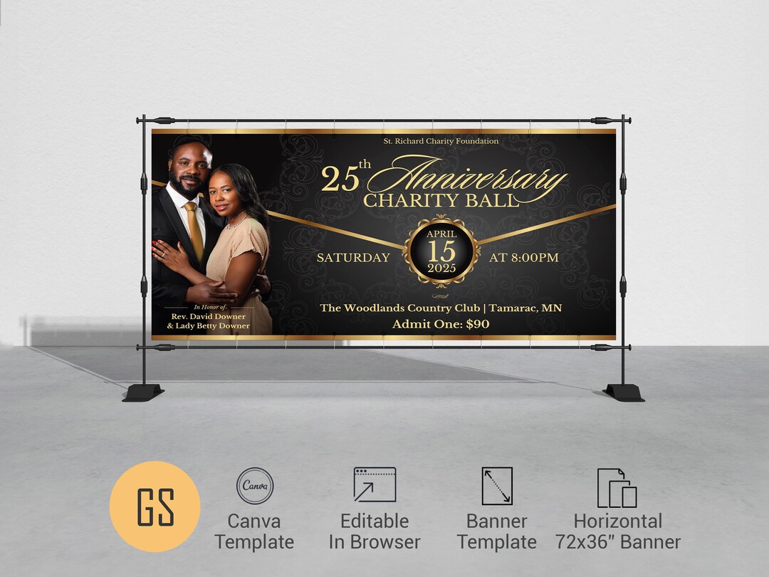 Church Anniversary Banner Template: Black & Gold Design (72x36 In ...
