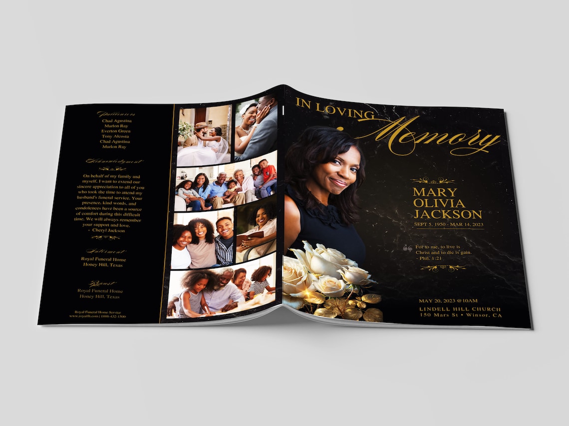 Rose Funeral Program Template: Black & Gold, 8-page Bifold Magazine ...