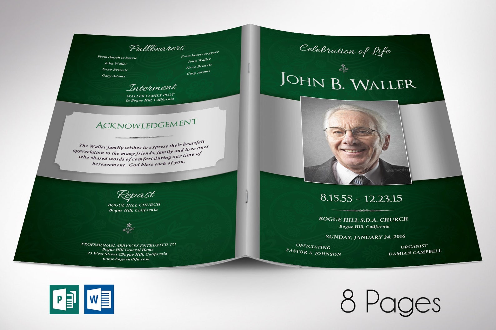 Green Silver Funeral Program Template for Word and Publisher - Etsy