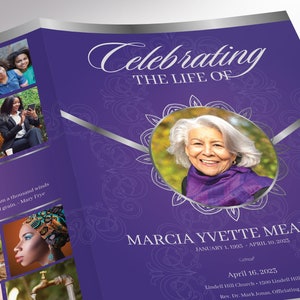 Victory Tabloid Funeral Program Template for Canva, Purple and Silver ...
