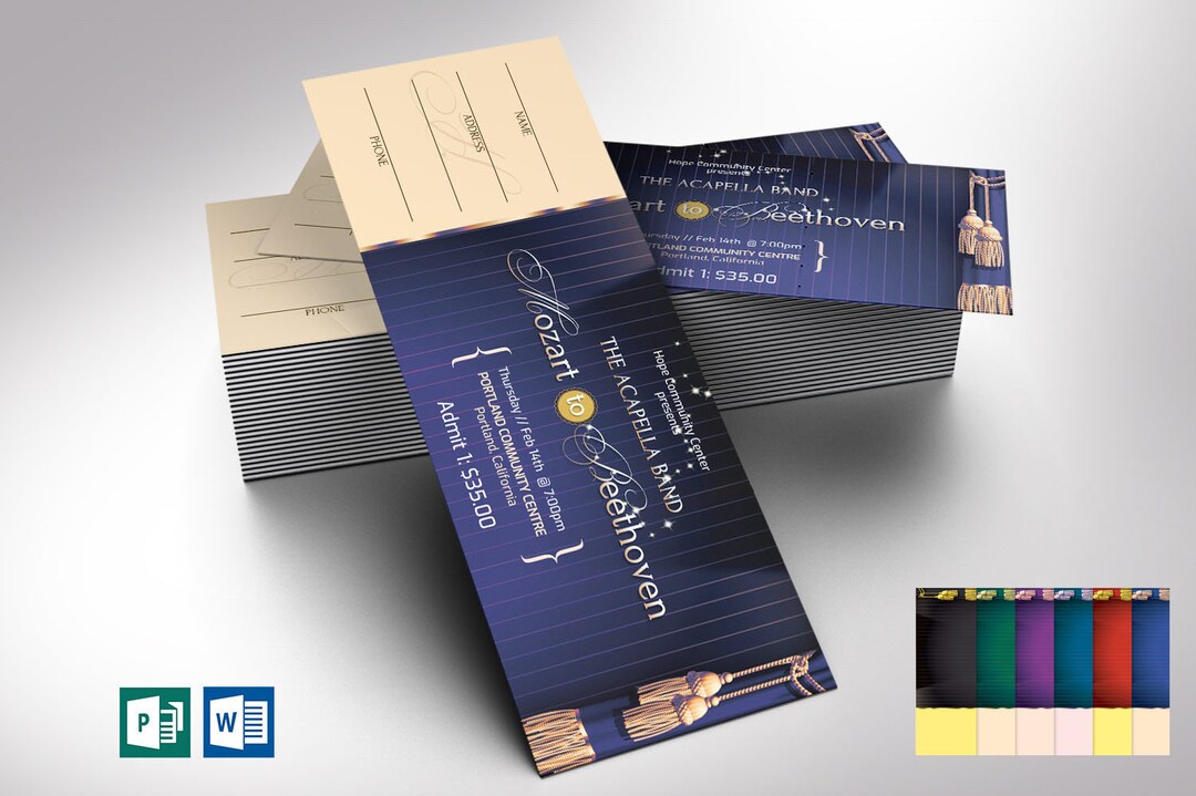Musical Event Ticket Template for Word and Publisher, Blue Gold Beige ...