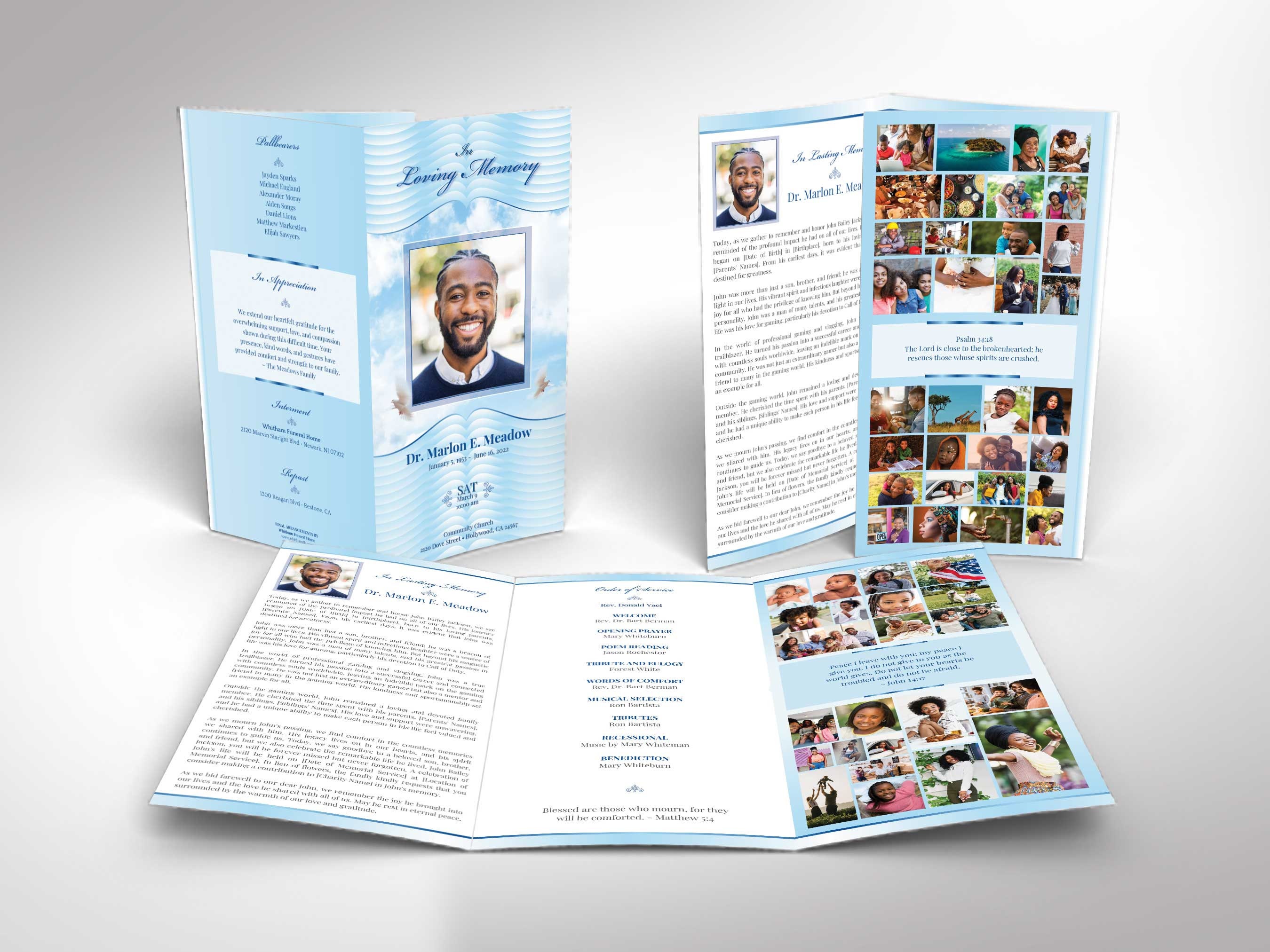 Baby Blue Waves Funeral Program Template | Canva: Tabloid Trifold ...