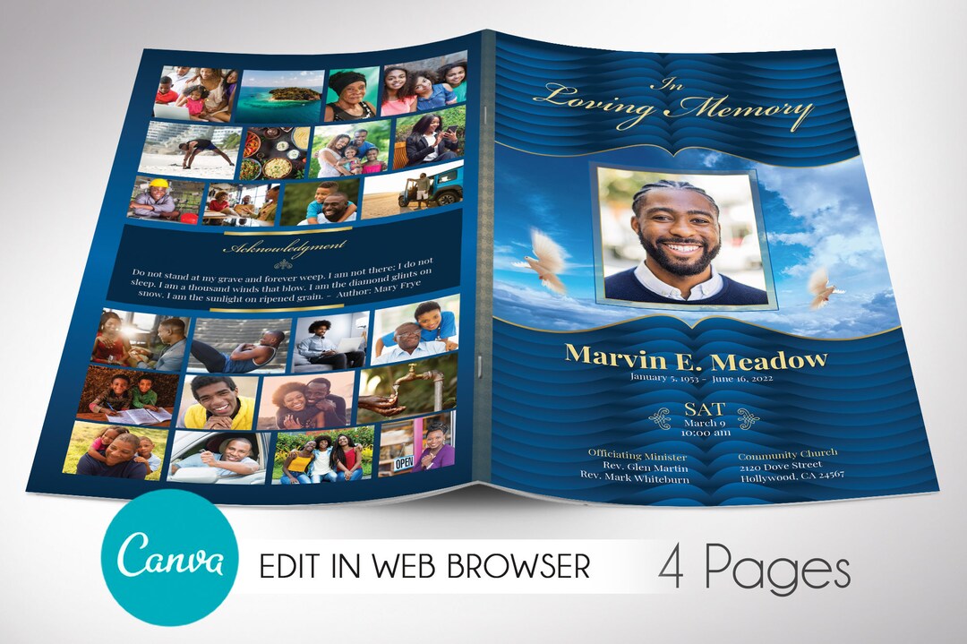 Blue & Gold Funeral Program Template: Celebration of Life (canva, 5.5x8 ...