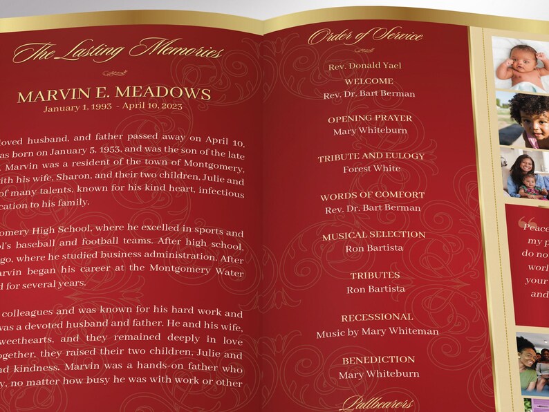 Red & Gold Funeral Program Template: Celebration of Life Obituary ...