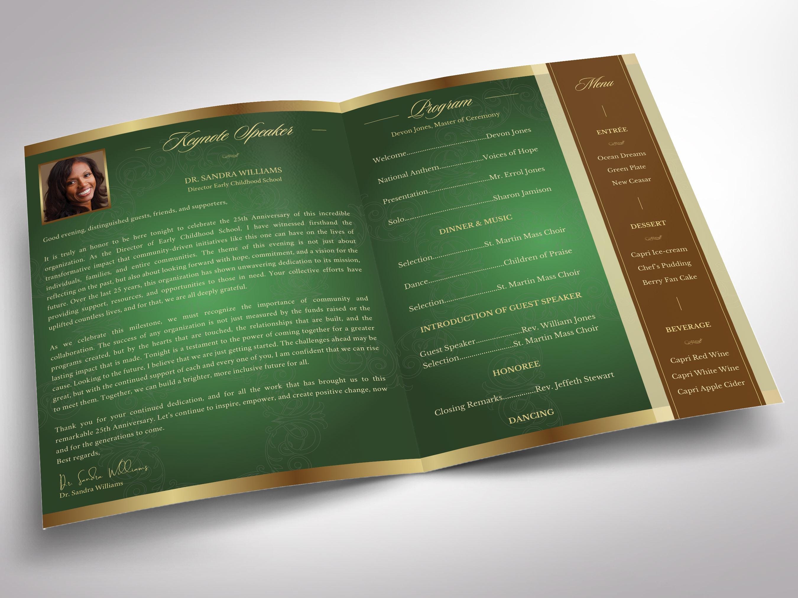 Green & Gold Anniversary Gala Program Template | Canva: 8-page Bifold ...