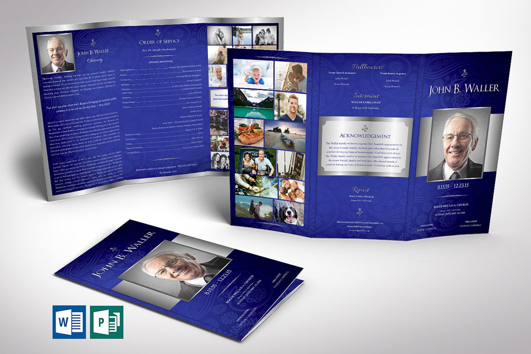 Blue Silver Funeral Program Template: Tabloid Trifold Obituary (word ...
