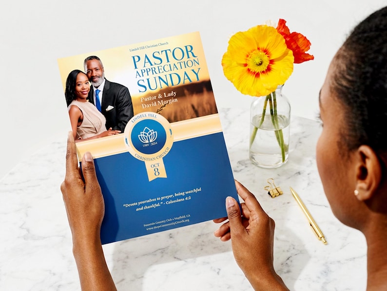 Church Souvenir Book Template: Blue and Gold 24 Page Pastor ...