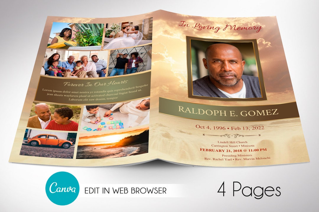 Gold Forever Funeral Program Template for Canva, Gold Burgundy ...