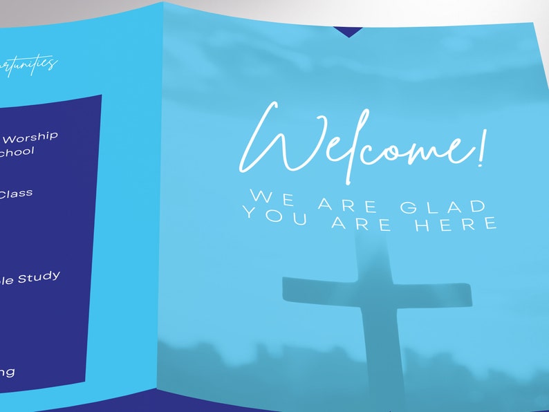 Modern Church Welcome Brochure Template: Cyan Blue, 4-page Bifold ...