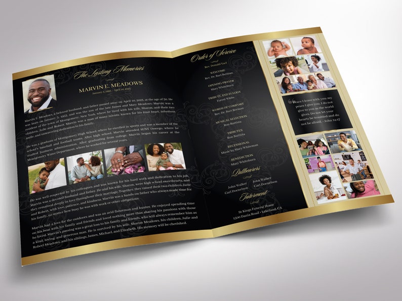 Black & Gold Funeral Program Template for Canva: 8-page Tabloid Bifold ...