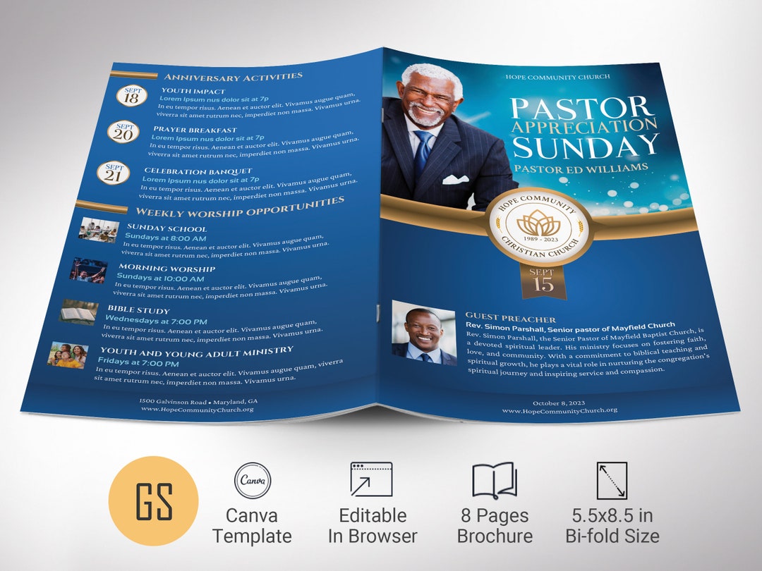 Blue & Gold Pastor Appreciation Program Template (canva, 5.5x8.5 In ...