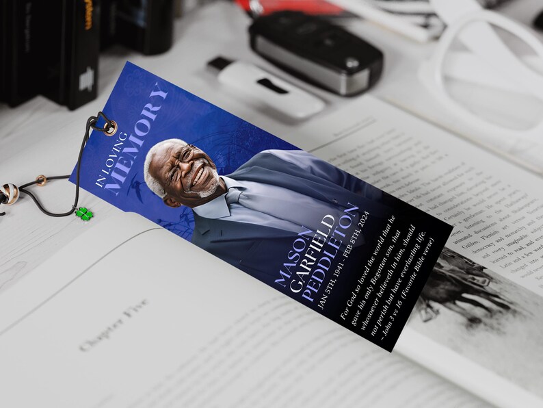 Blue Dawn Funeral Bookmark Template for Canva: Memorial Keepsake (2 ...