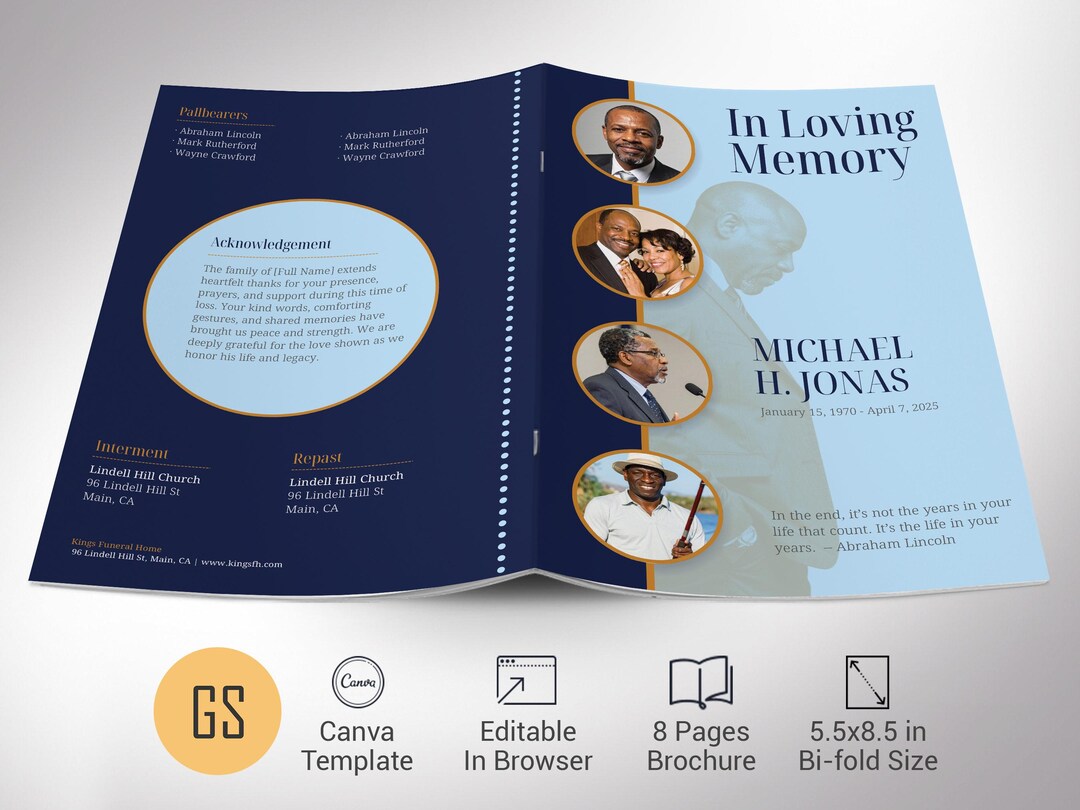 Blue Circles Funeral Program Canva Template, Blue and Gold Eulogy ...