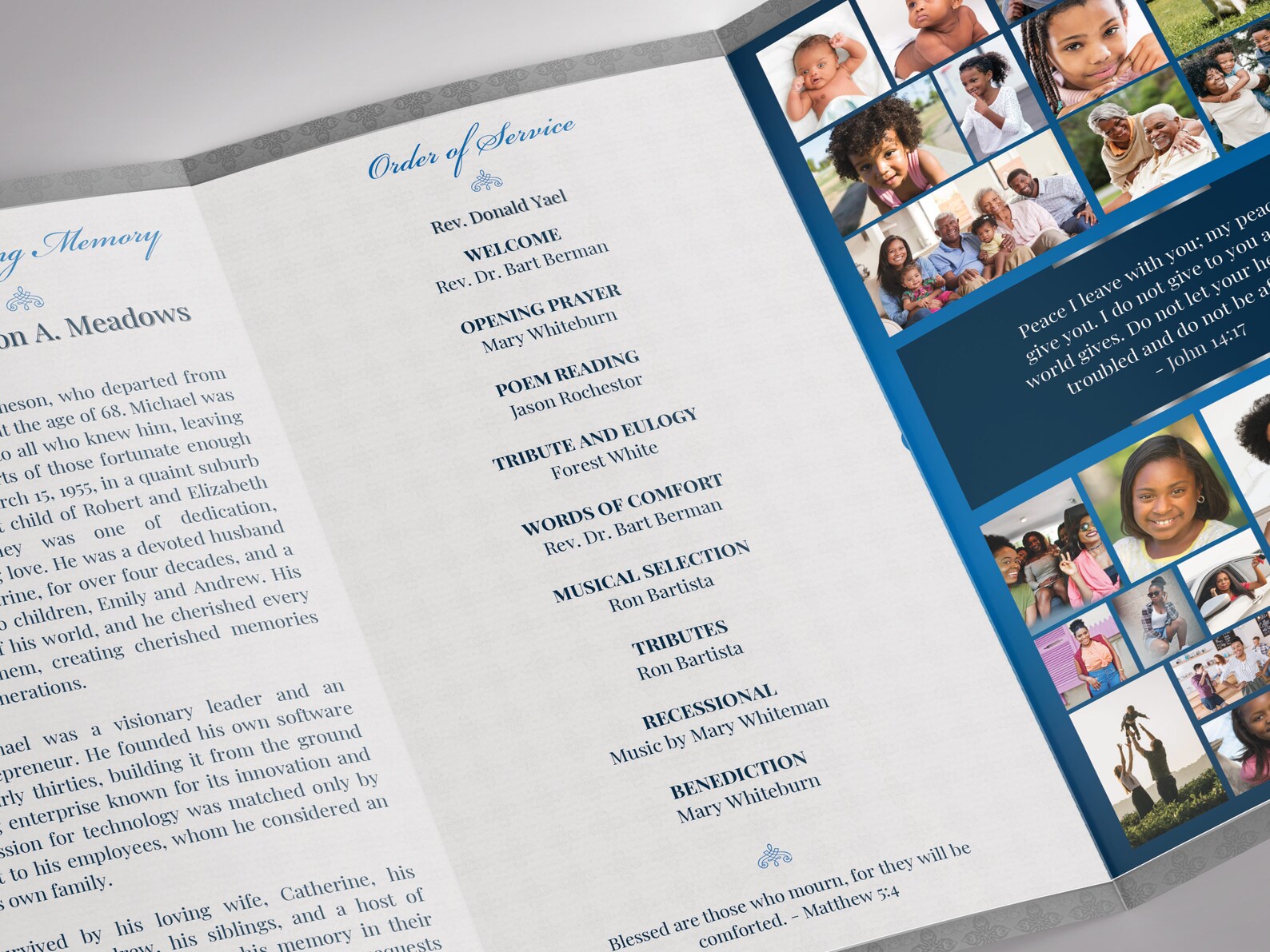 Blue Silver Funeral Program Template: Trifold Celebration of Life ...
