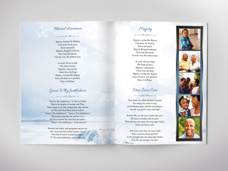 Blue Sunrise Funeral Program Template: 8-page Bifold Memorial Obituary ...