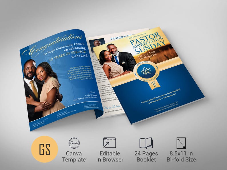 Church Souvenir Book Template: Blue and Gold 24 Page Pastor ...