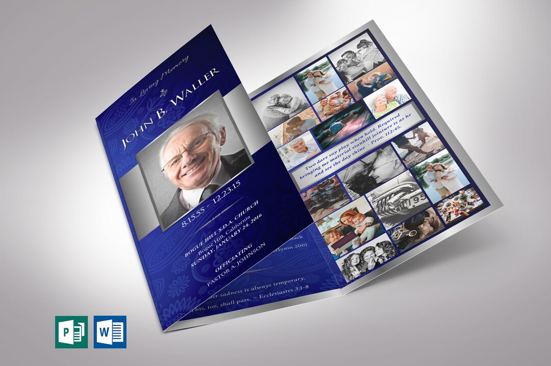 Blue Silver Funeral Program Template: Obituary, Celebration of Life ...
