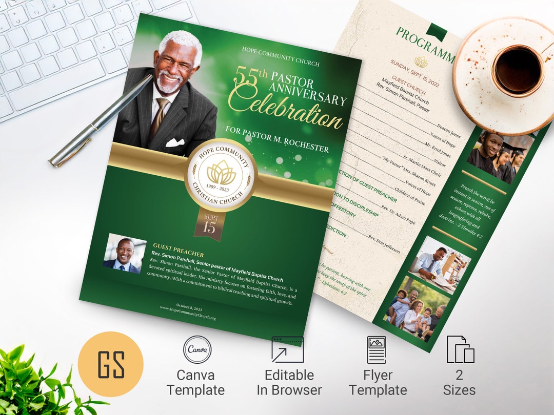 Pastor Appreciation Program Template Set for Canva, Green Gold, Church ...