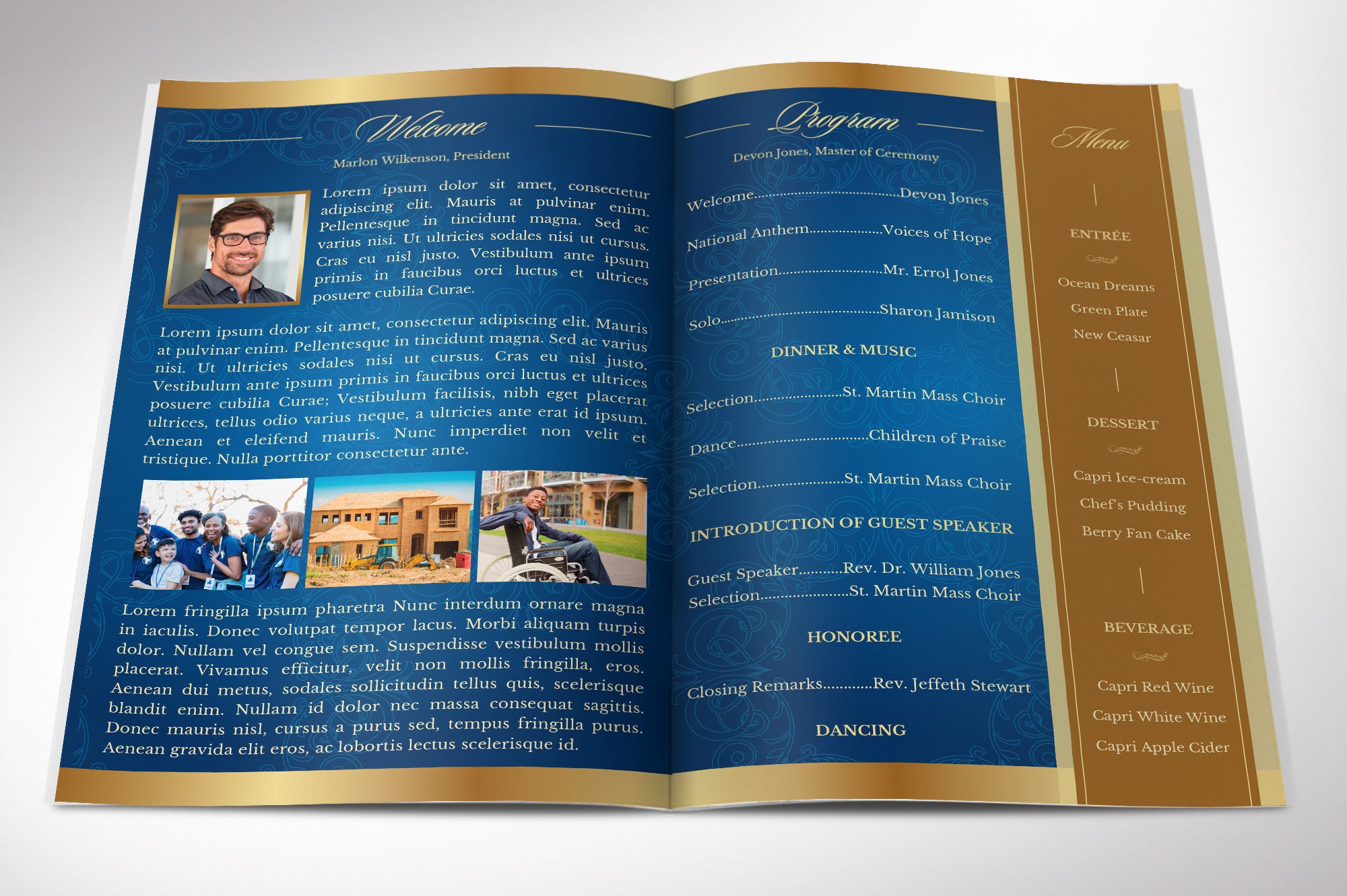 Blue Gold Anniversary Gala Program Template for Canva 4 - Etsy