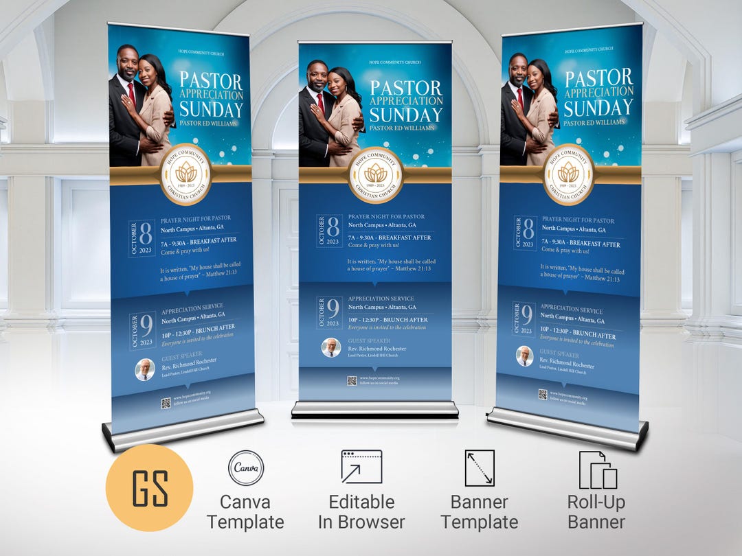 Pastor Appreciation Rollup Banner Template for Canva, Blue and Gold ...