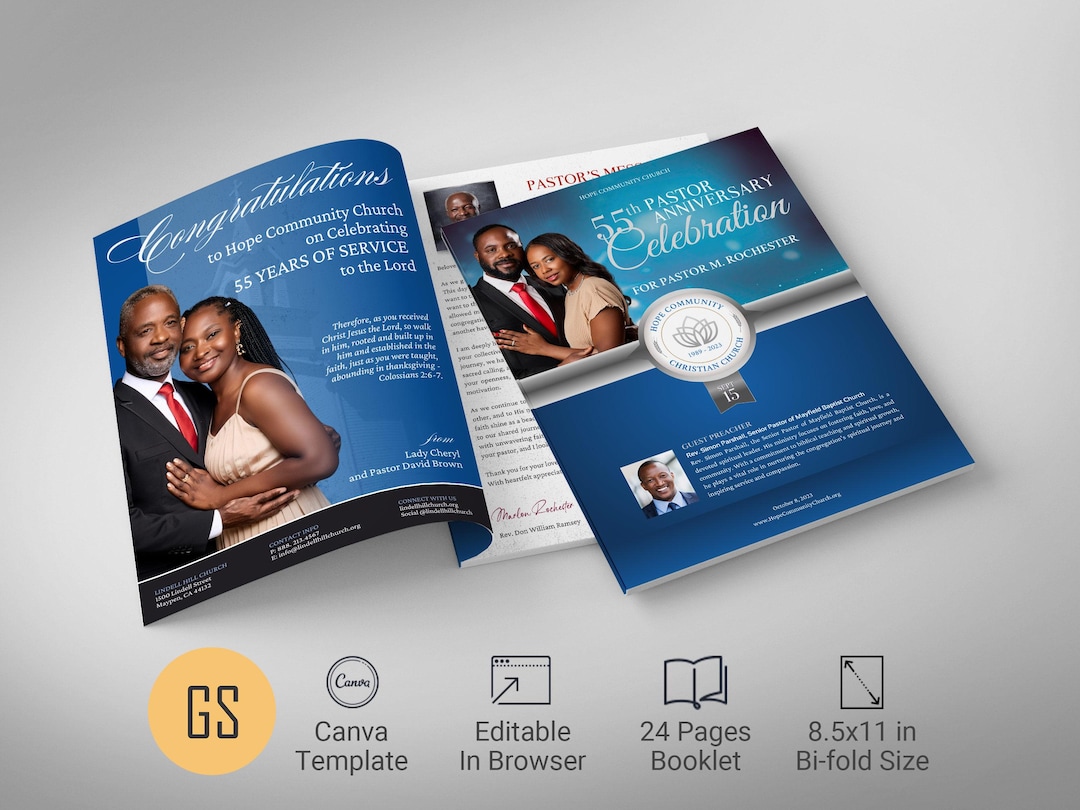 Church Souvenir Book Template for Canva, Blue Silver, Tabloid, Pastor ...