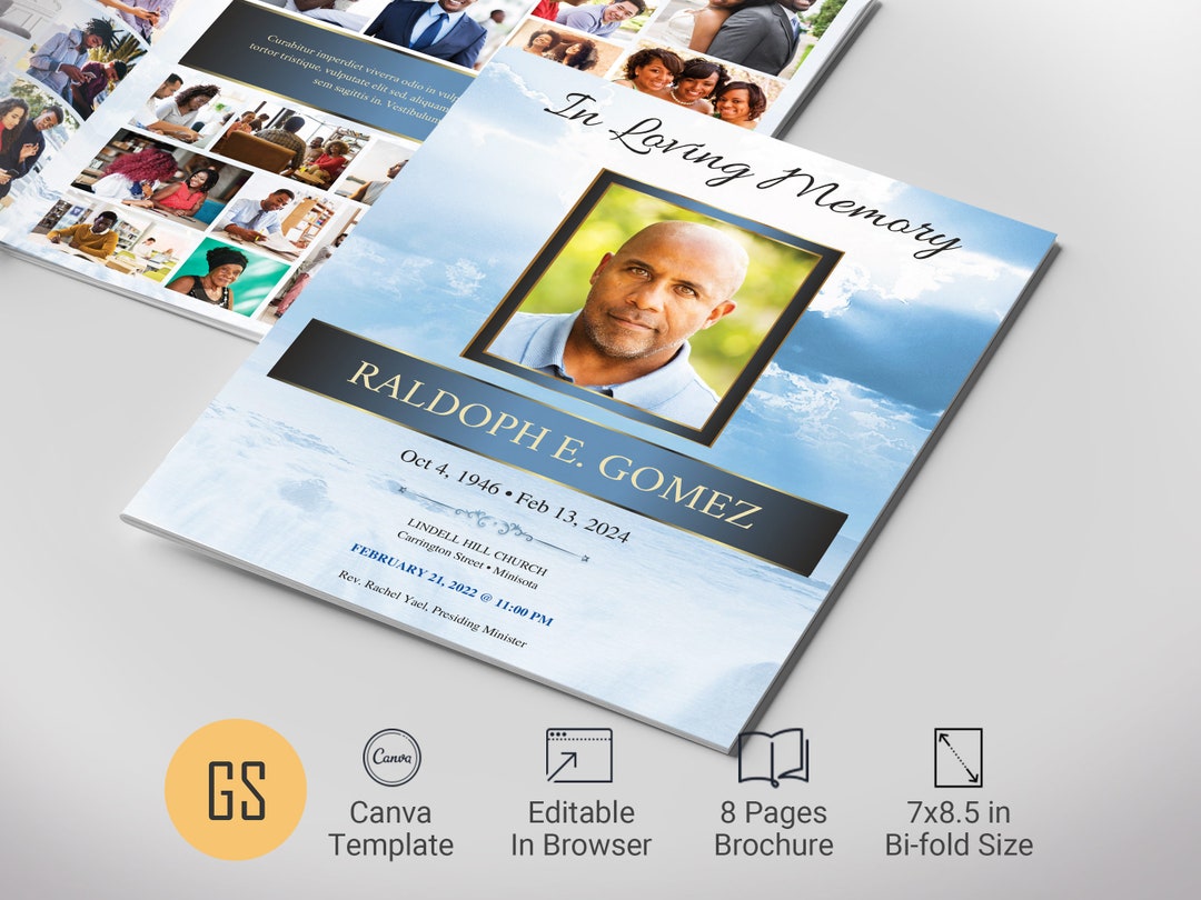 Blue Sunrise Funeral Program Template: 8-page Bifold Memorial Obituary ...