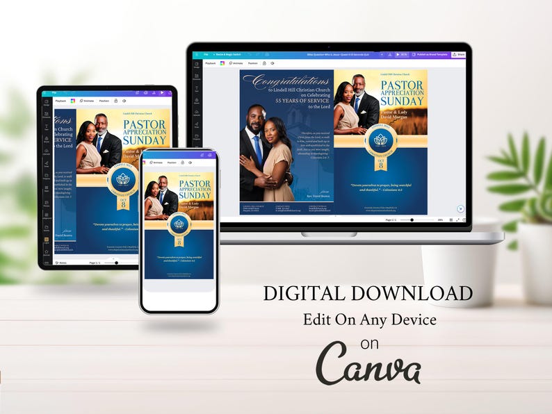 Blue & Gold Pastor Anniversary Program Template: 8-page Bifold Church ...