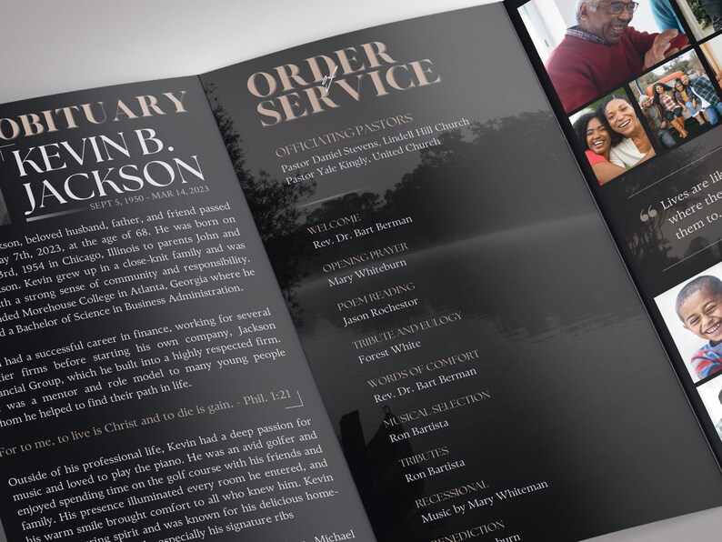 Black Funeral Program Template Canva Trifold Magazine Style Obituary ...