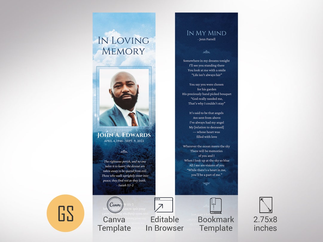 Blue Sky Funeral Bookmark Template for Canva: Memorial Keepsake Favor ...