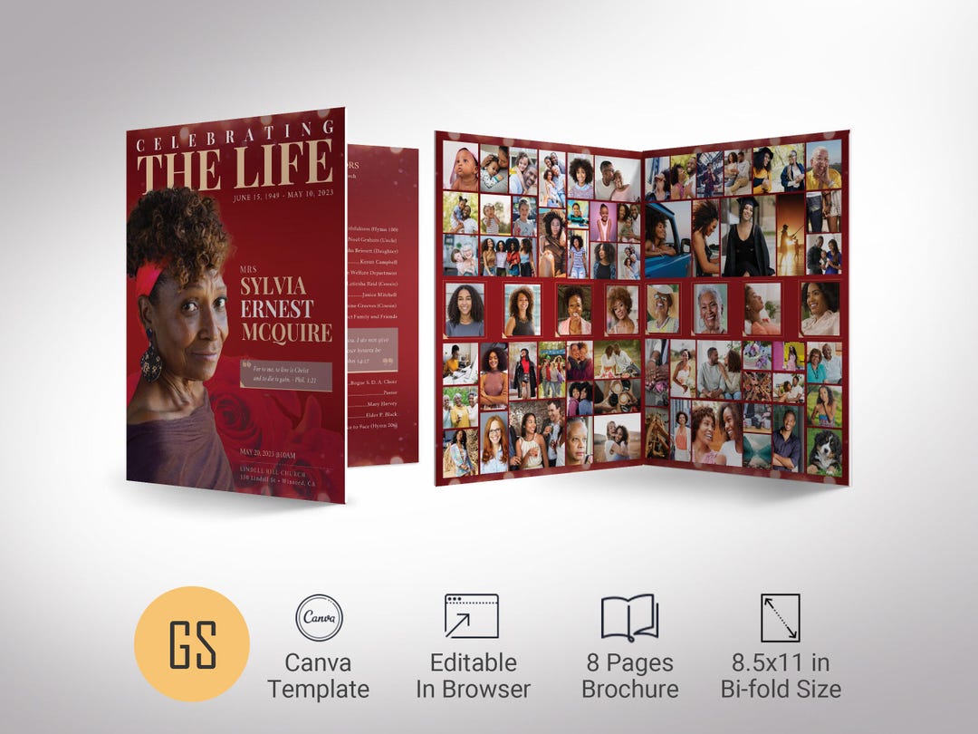 Red Tabloid Funeral Program Template, Canva, Red Bokeh & Gold, Magazine ...