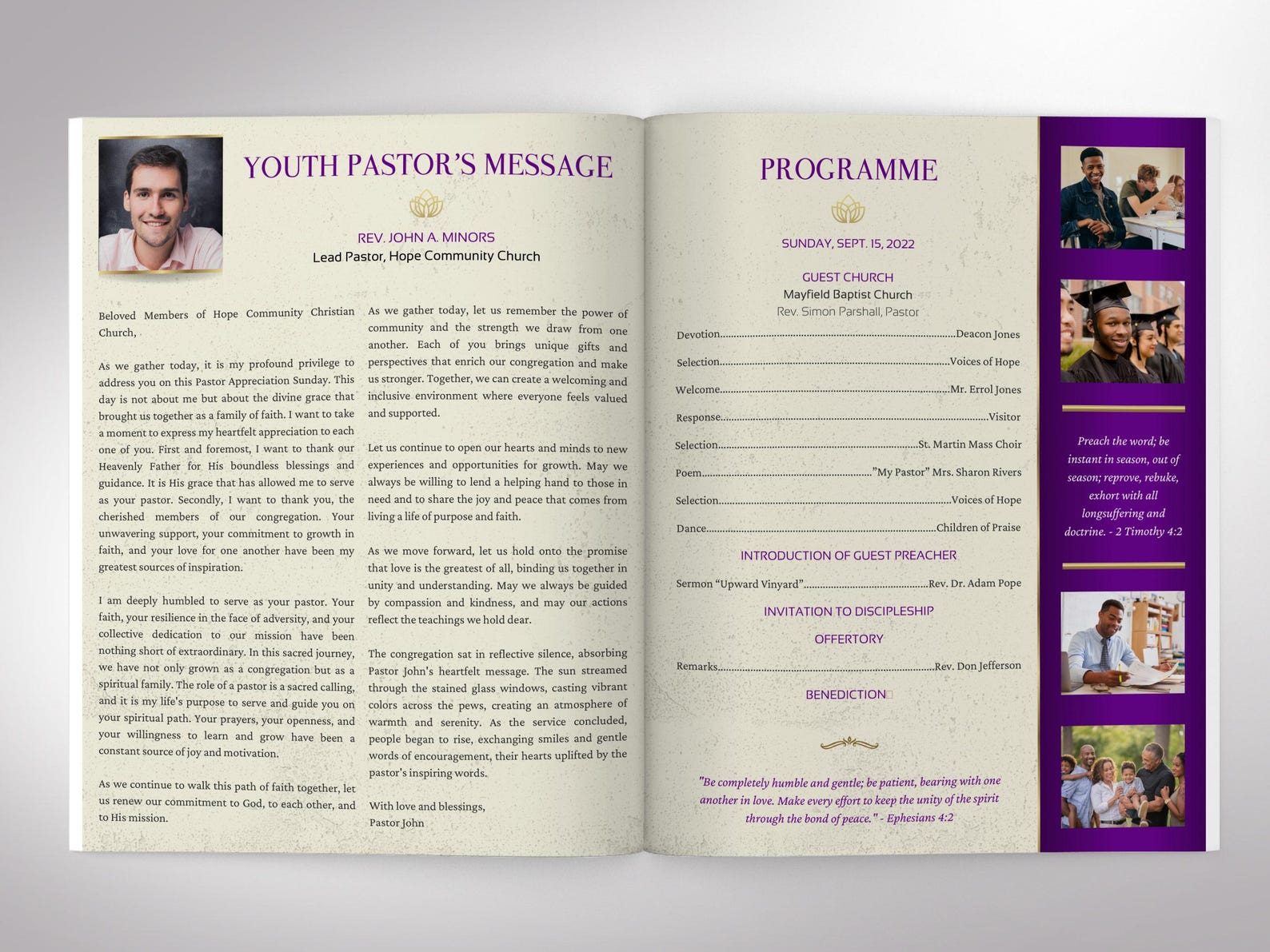 Church Souvenir Book Template: Pastor Anniversary, Purple & Gold (canva ...