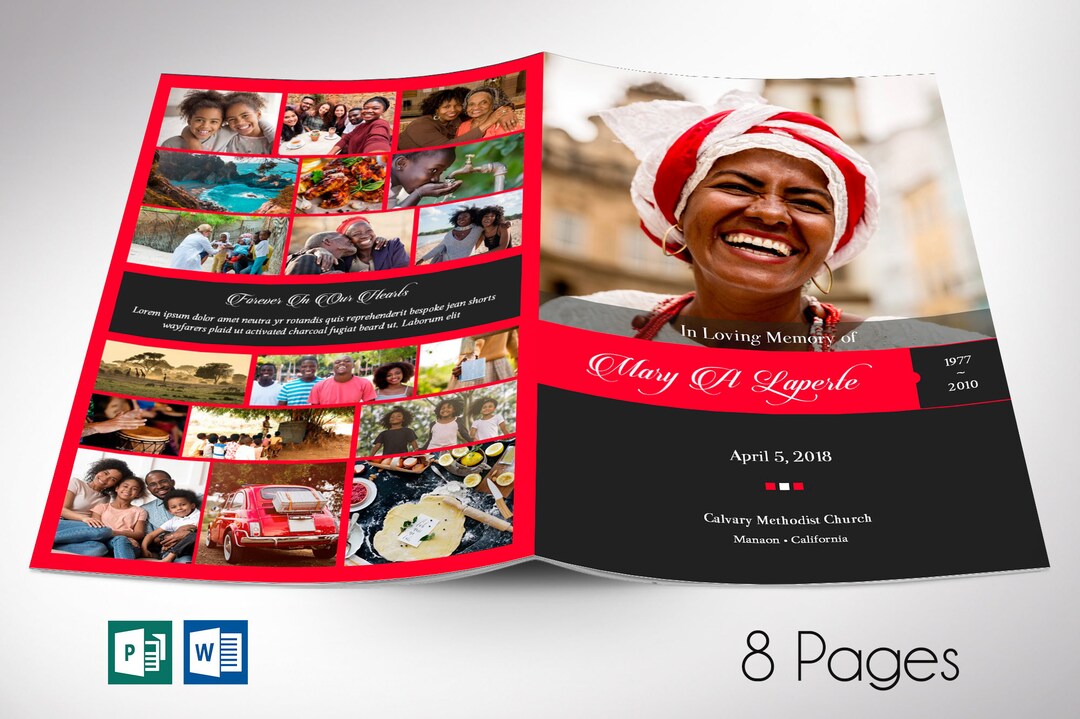 Red Black Funeral Program Template Set, Word and Publisher, Celebration ...