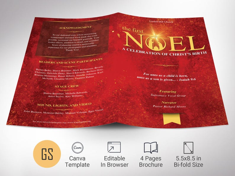 Christmas Program Template: Red & Gold 4-page Bifold Church Bulletin ...