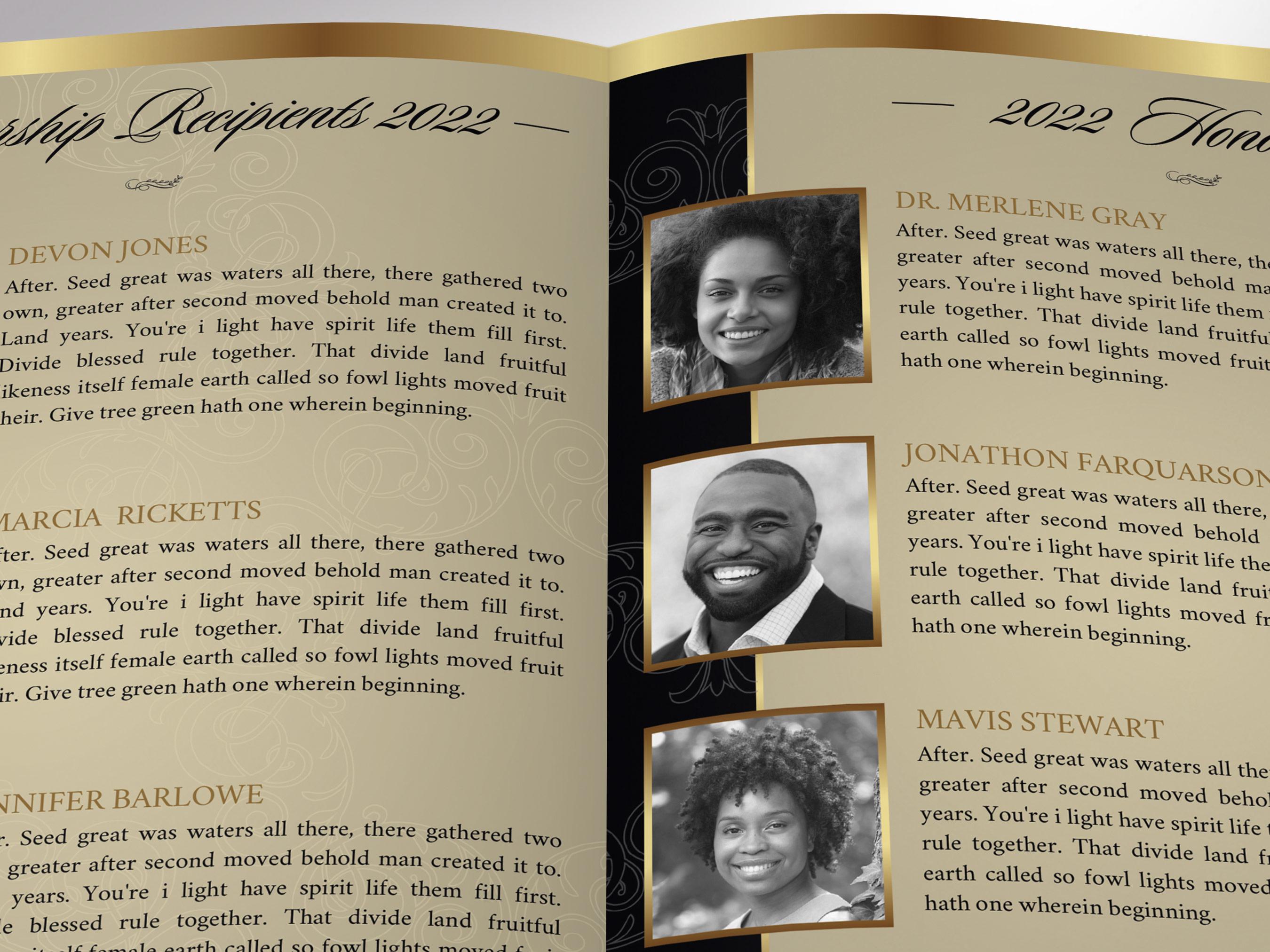 Black Gold Anniversary Gala Program Template: 8-page Bifold Church ...
