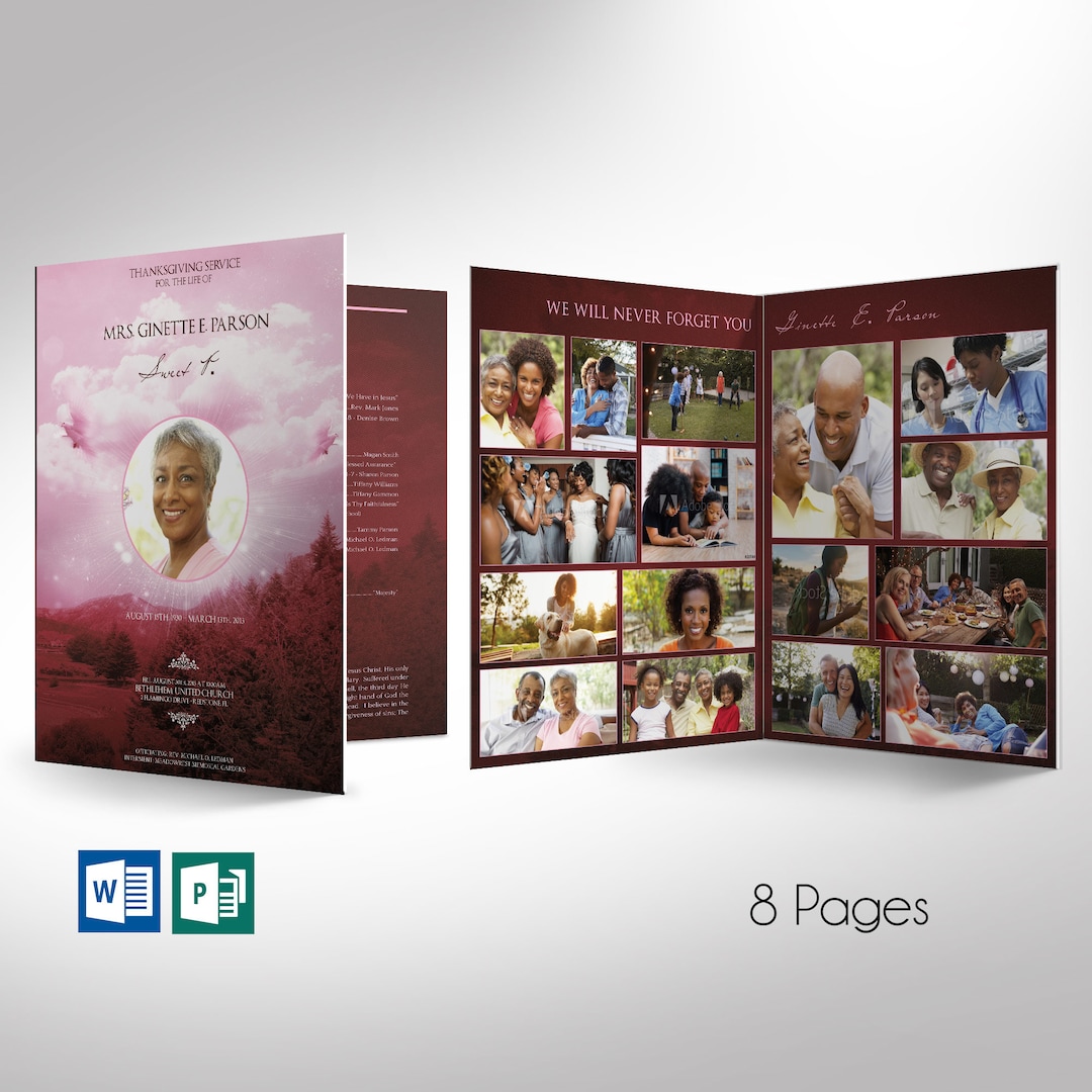 Pink Sky Tabloid Funeral Program Template Set, Word and Publisher ...