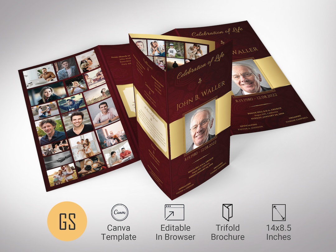 Maroon & Gold Funeral Program Template: Legal Trifold Obituary (digital ...