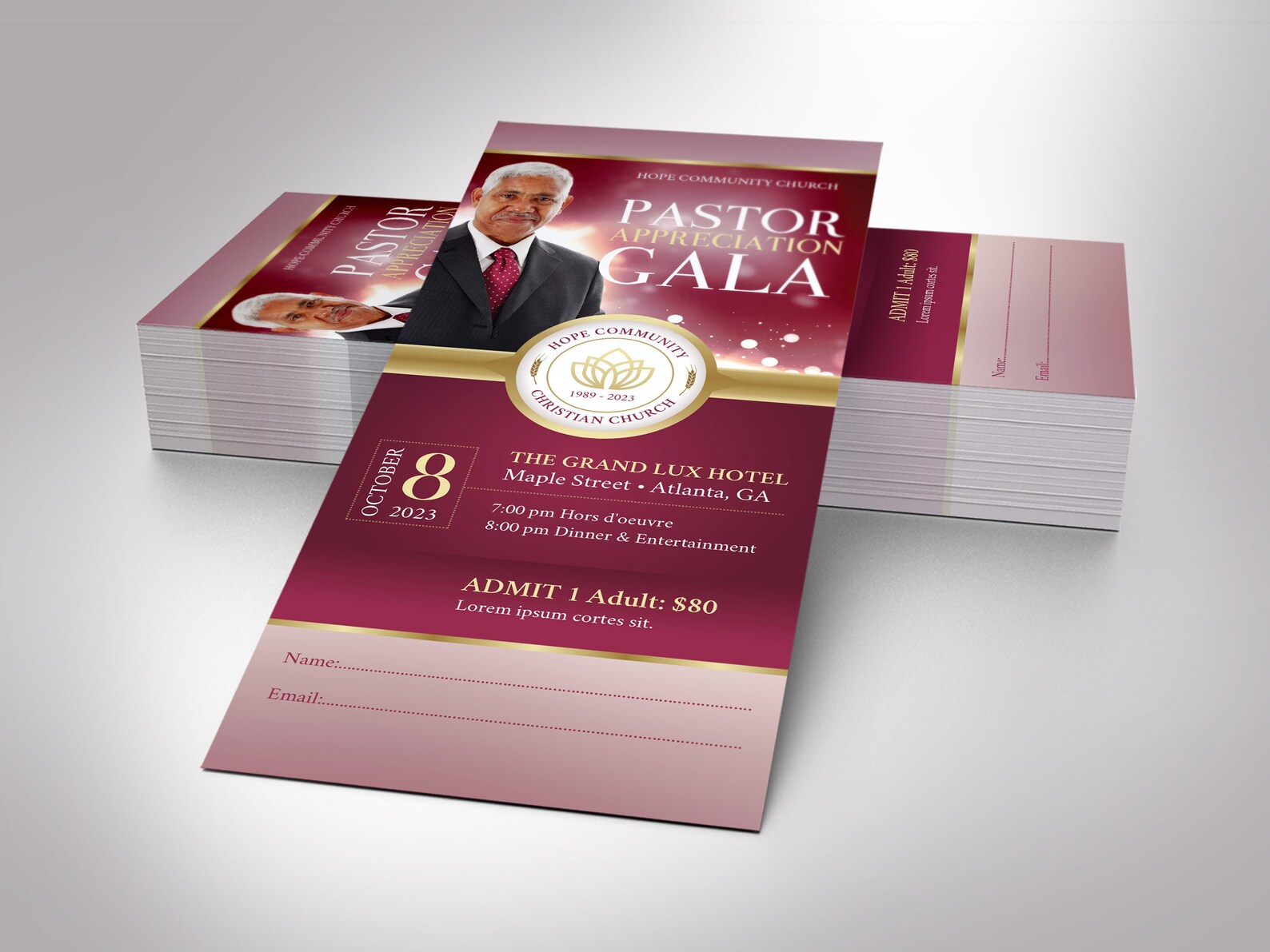 Pastor Appreciation Gala Ticket Template: Burgundy & Gold (canva ...