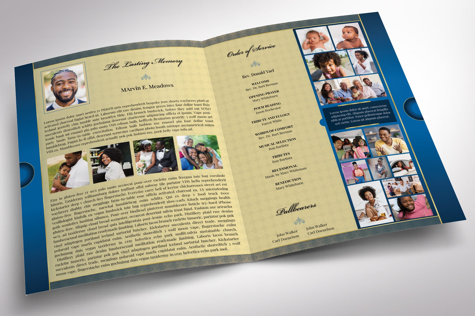 Blue & Gold Waves Funeral Program Template | Canva: 8-page Bifold ...
