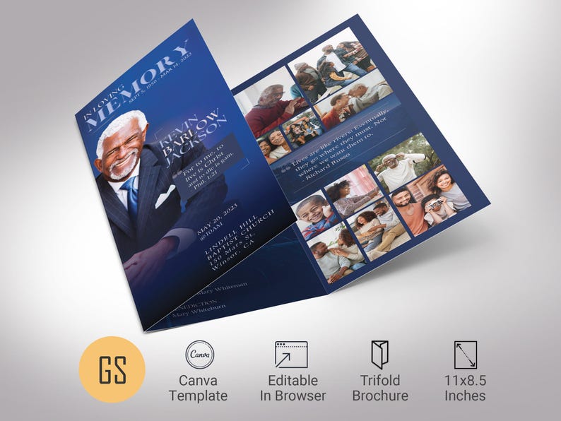 Blue Funeral Program Template Canva Trifold Magazine Style Obituary ...