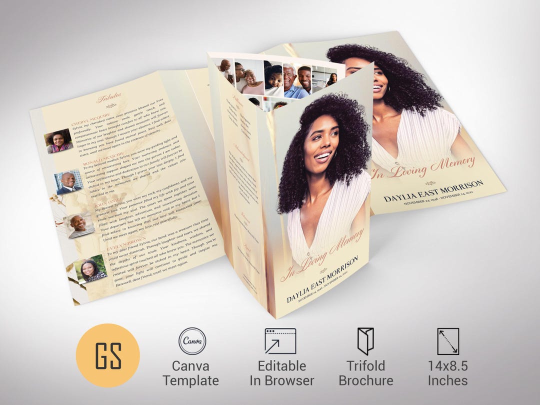 Beige Floral Funeral Program Template for Canva: Legal Trifold Memorial ...