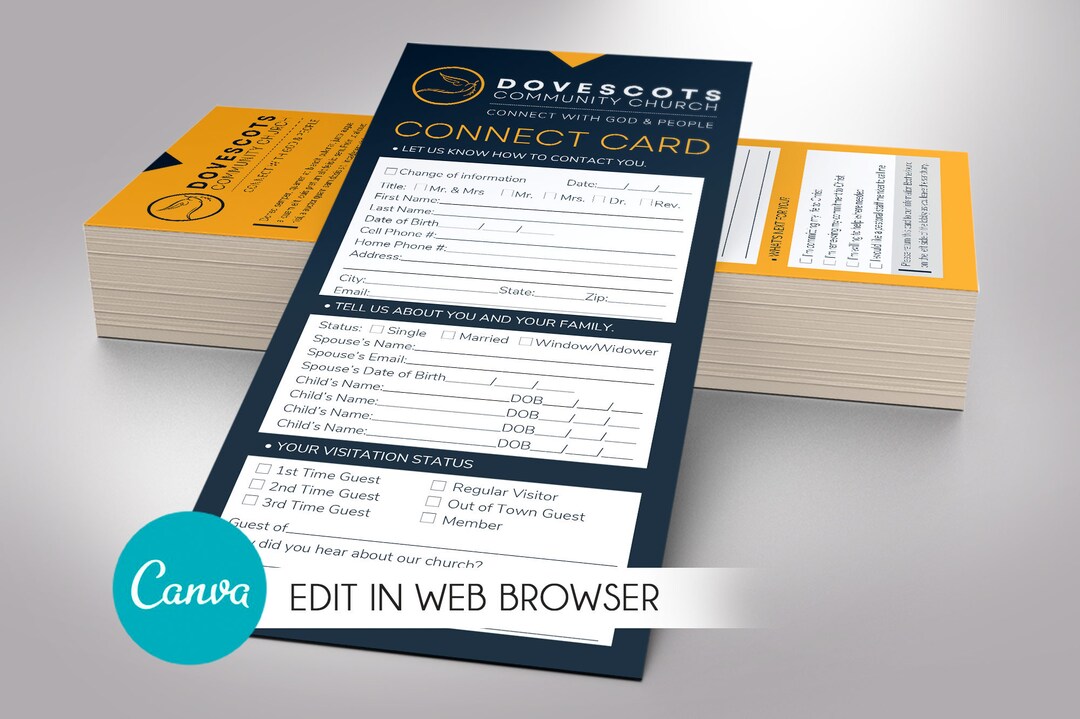 Modern Church Connect Card Canva Template: Navy & Yellow (canva, 4x9 ...