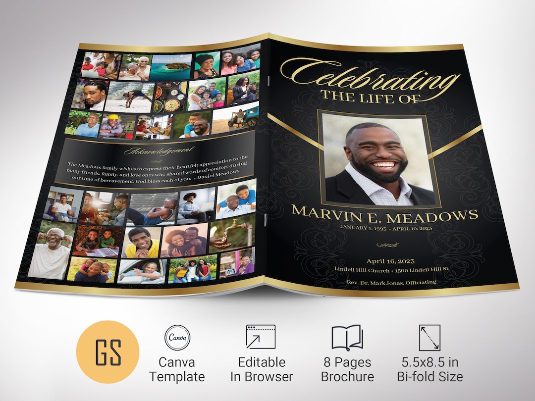 Black & Gold Funeral Program Template: Celebration of Life (canva, 5 ...